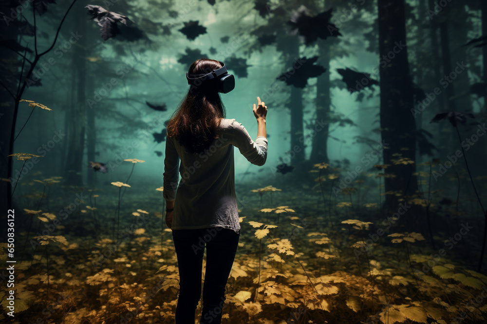 Technology and nature concept. Person wearing virtual reality goggles ...