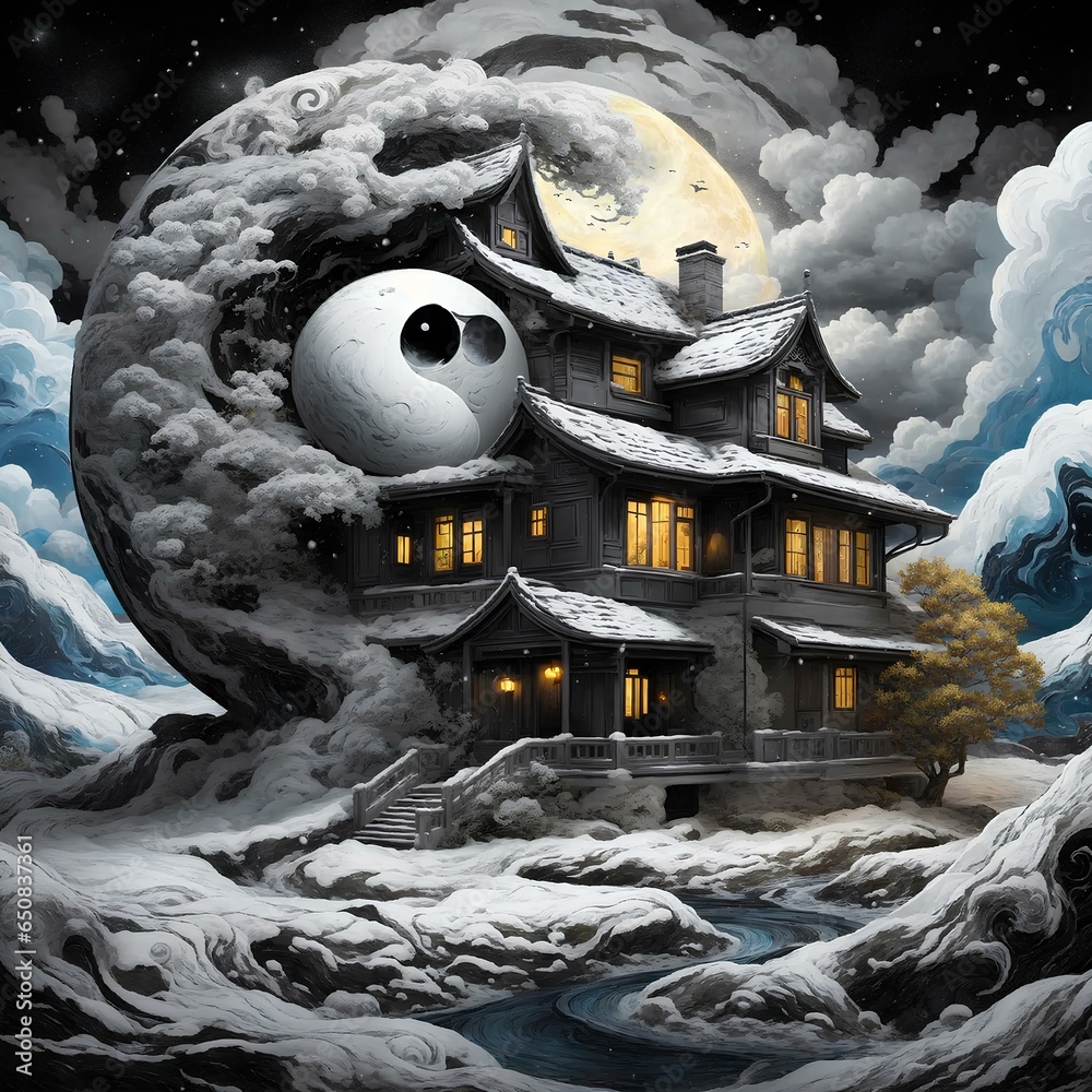 gary house in snow yin yang with attractive light and details Stock ...