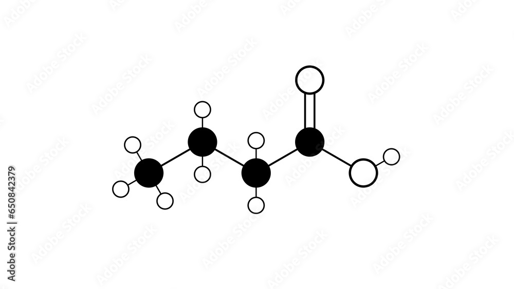 butyric acid molecule, structural chemical formula, ball-and-stick ...