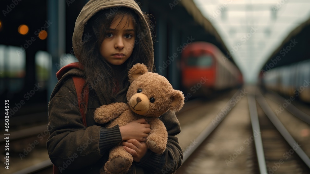 Sad refugee middle school brunette girl at railway station with a teddy ...