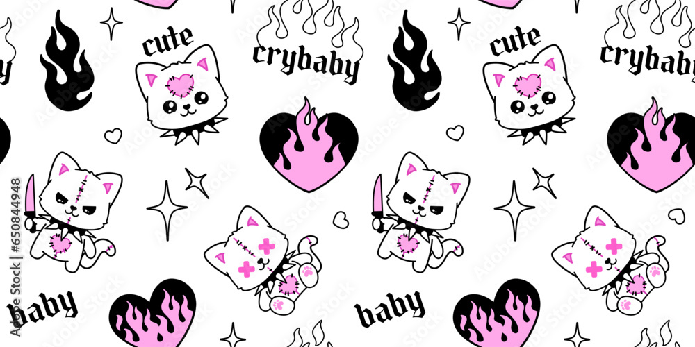 Y2k Emo Goth semless pattern. Kawaii teddy kat with flame heart. Tattoo ...