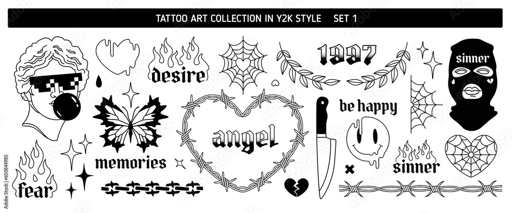 Y2k Tattoo Art design in 2000s style set 1. Y2k tattoo stickers ...