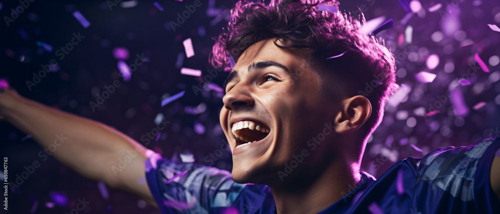 Winner! Portrait of a happy male soccer sport player in purple jersey ...
