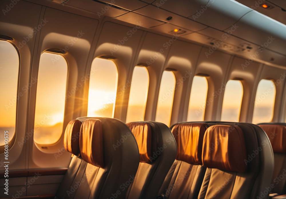 Empty aircraft seats and light shine porthole windows, sunset sky, AI ...