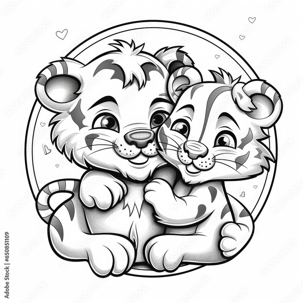 Coloring page for kids, A picture of cute tiger and cute lion are ...