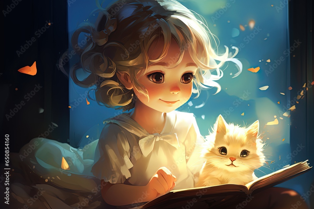 painting cartoon style illustration young girl sitting with a kitten ...