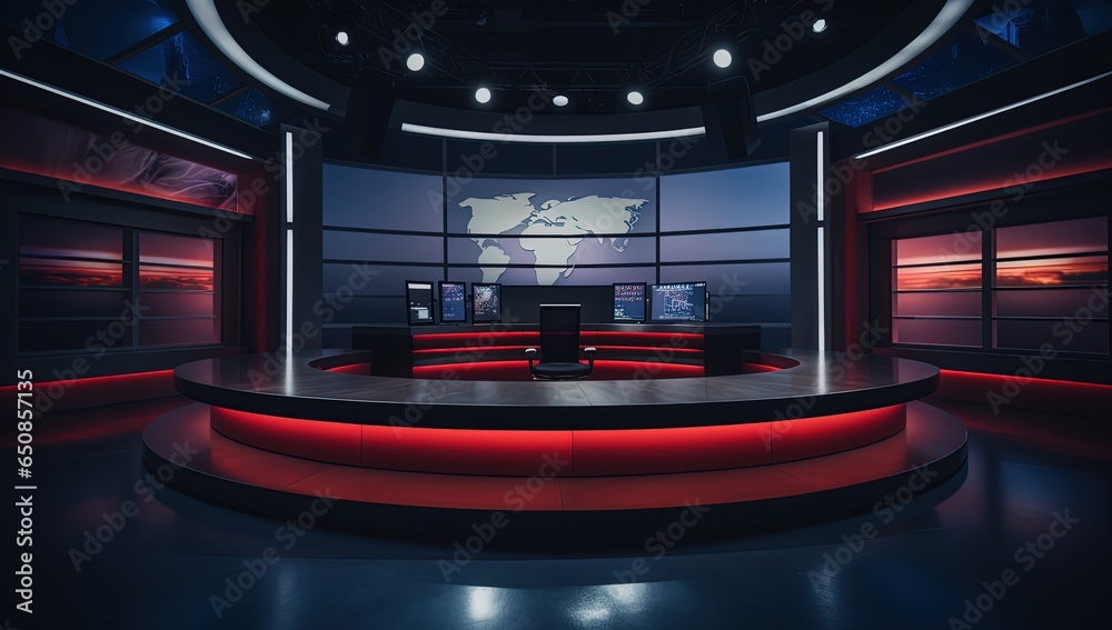 news or tv show reporter studio interior with nobody, table, chair and ...