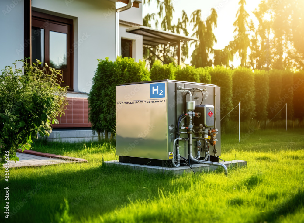 Hydrogen fuel cell power generator near residential house, clean energy ...