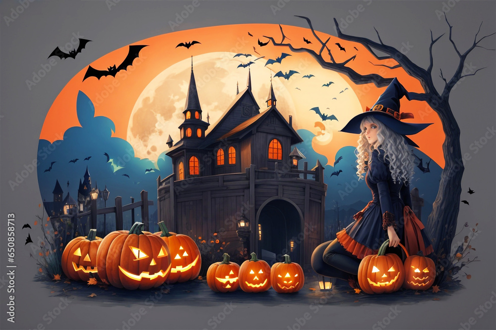 Cute Halloween scene with ghost witch candy beautiful cartoon style ...