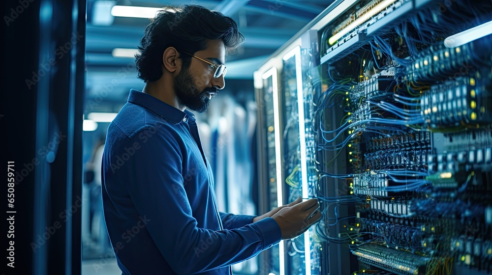 Indian man working data center, fixing the servers and checking the ...