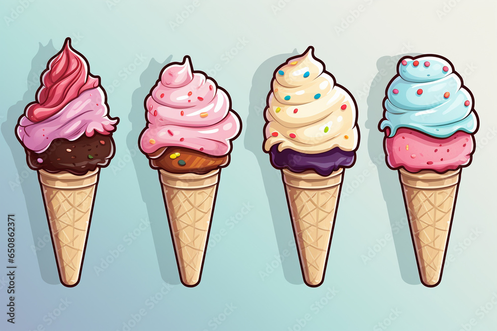 Ice cream Stickers, Flat cute ice cream cone sticker pack, A set of ice ...