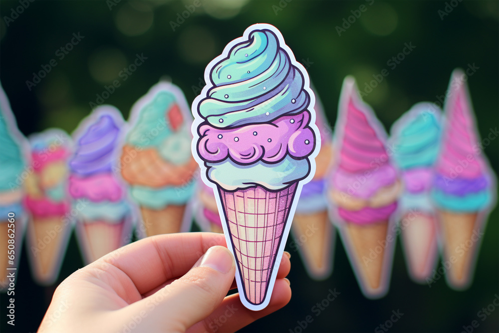 Hand holding an Ice cream Stickers, Flat cute ice cream cone sticker ...