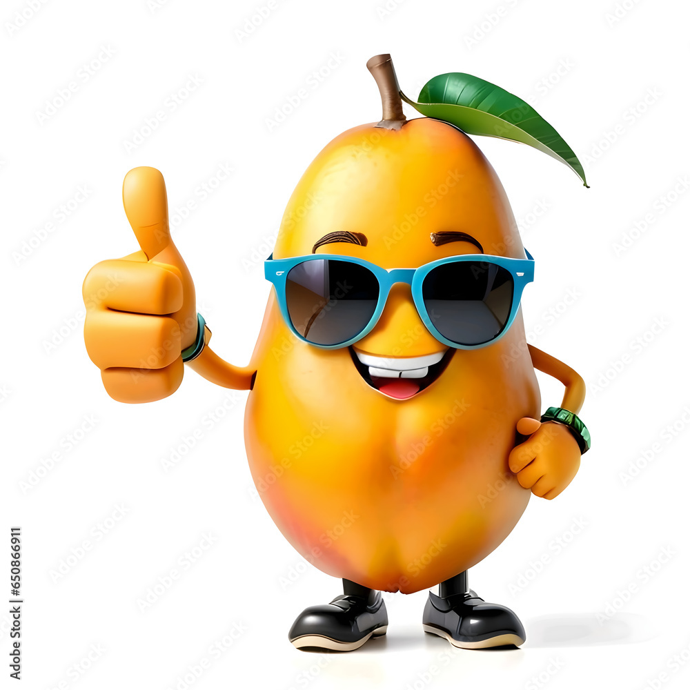 Happy smiling mango character wearing sunglasses gives thumbs up, funny ...