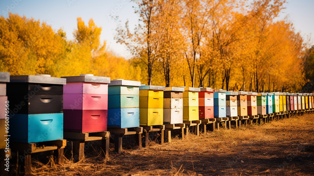 Colorful Bee hives that are arranged in a line on the farm Stock ...