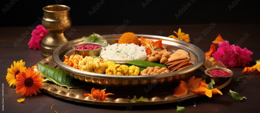 Hindu puja thali adorned for festival worship with rice kumkum and ...