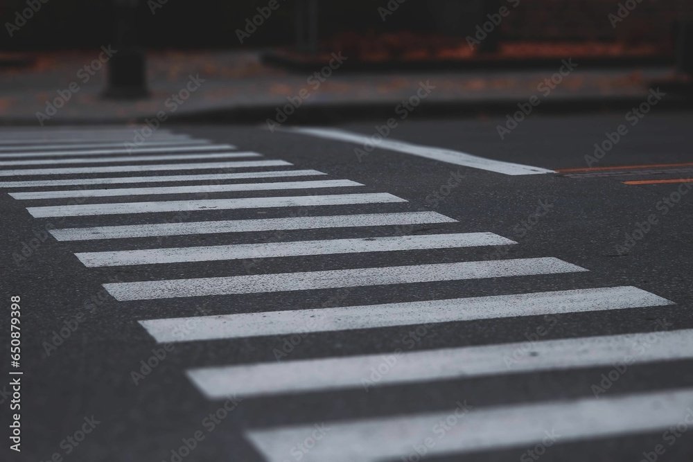 Asphalt road marked with white lines to signify a designated crosswalk ...