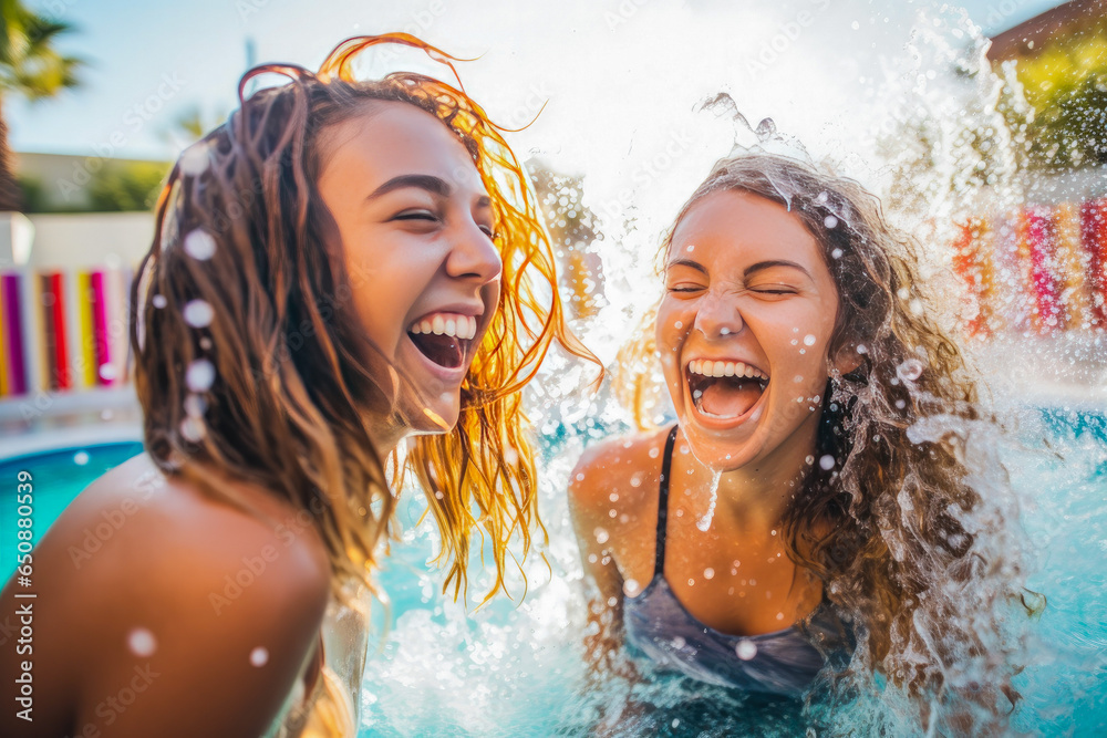 Teenage girl friends laughing and splashing water in a swimming pool ...