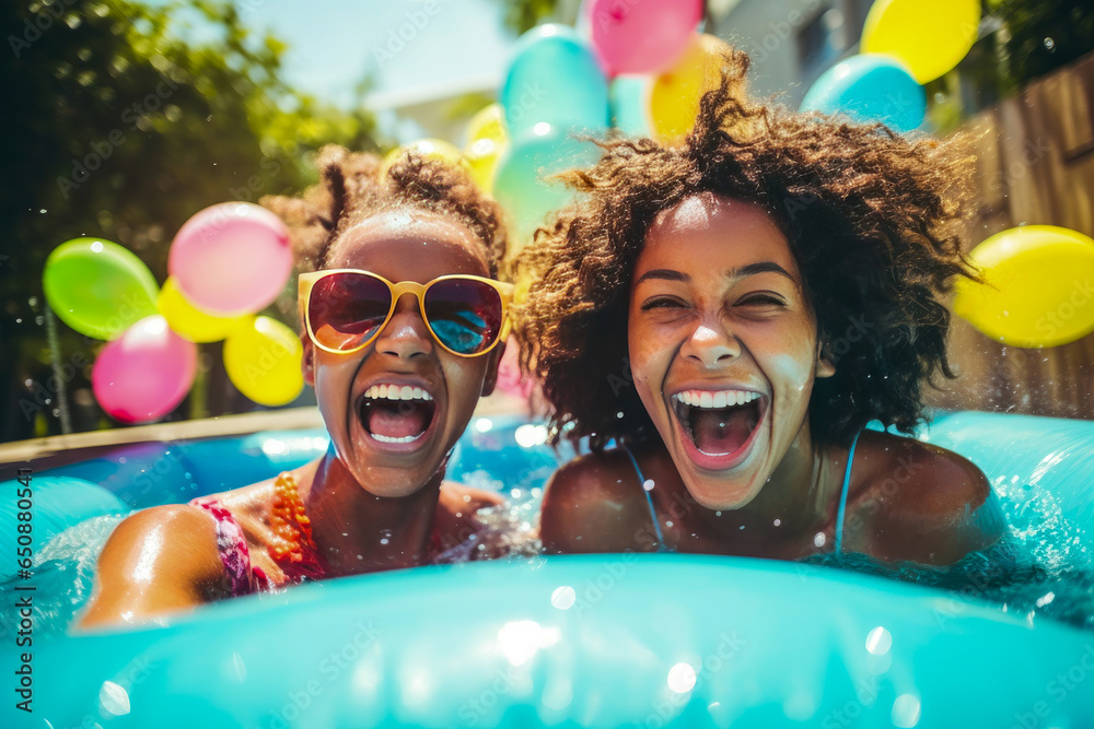 Two African American teenage girl friends laughing and splashing water ...