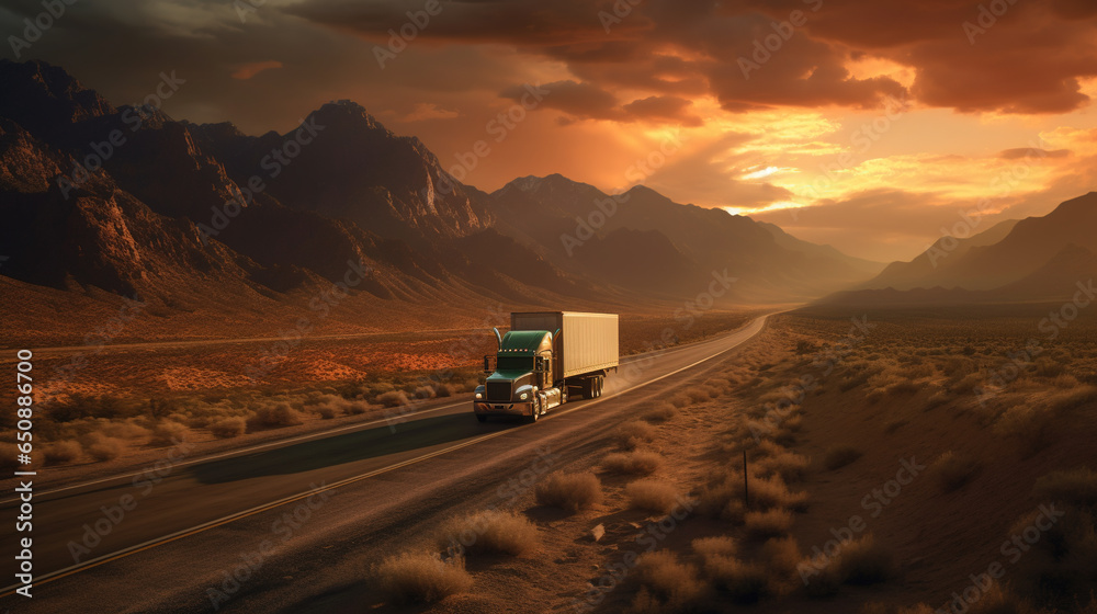 Majestic scene capturing a transport semi-truck effortlessly crossing ...