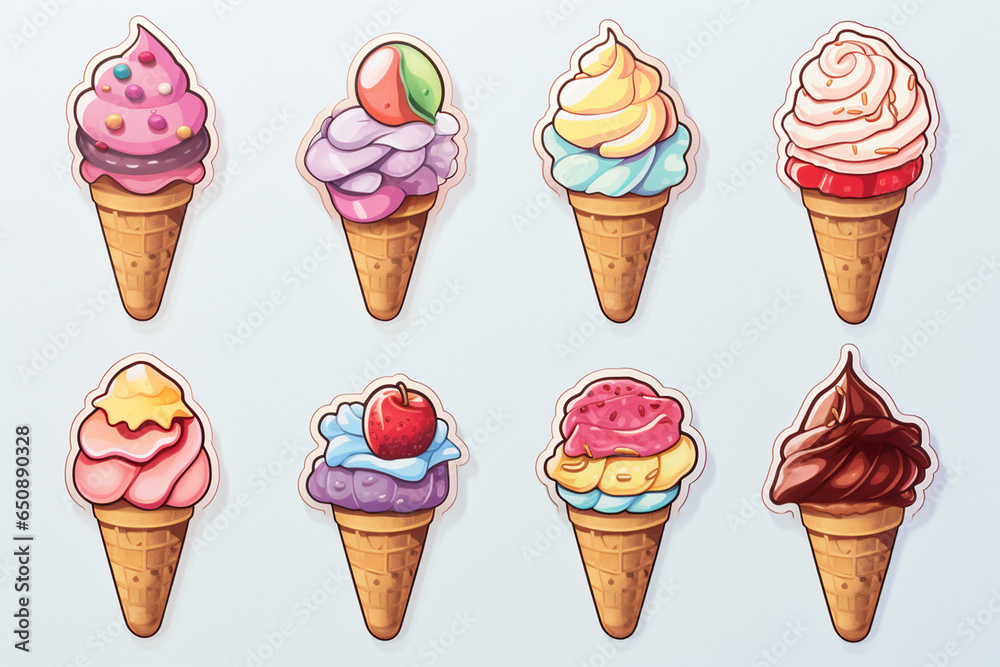 Ice cream Stickers, Flat ice cream cone sticker pack, A set of ice ...