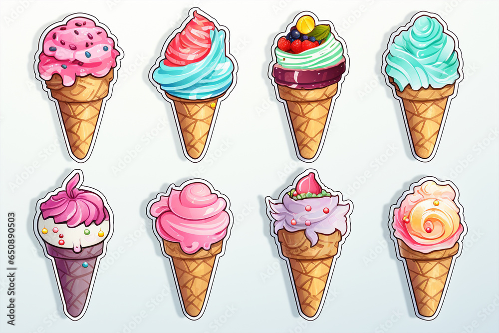 Ice cream Stickers, Flat ice cream cone sticker pack, A set of ice ...
