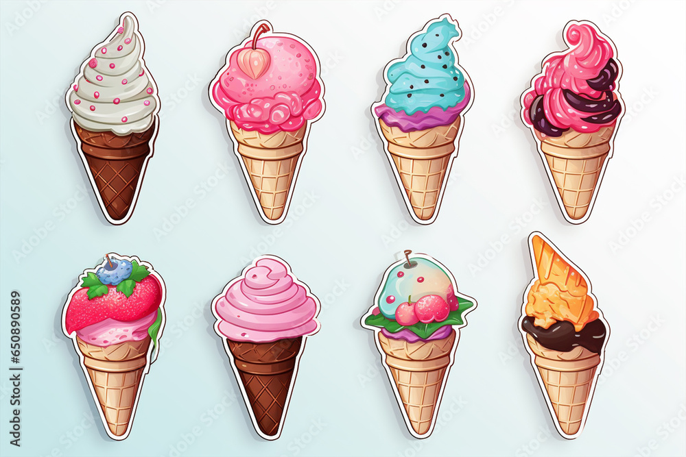 Ice cream Stickers, Flat ice cream cone sticker pack, A set of ice ...