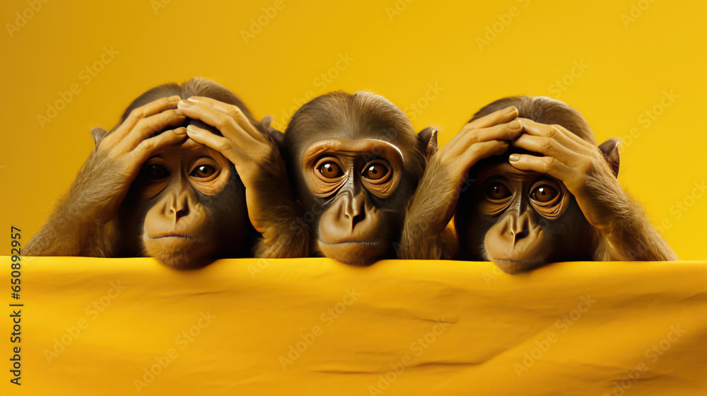 Three adorable monkeys, heads covered, on vibrant yellow backdrop ...