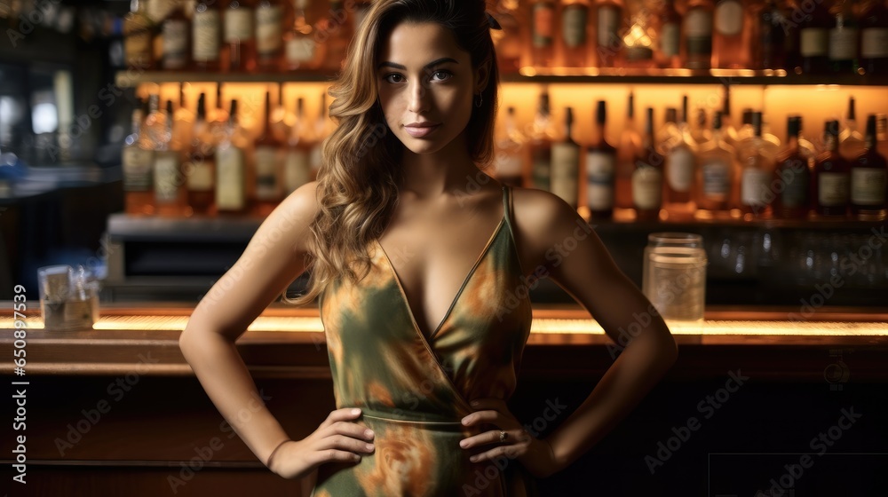 Beautiful female bartender standing in front of bar with blurred ...