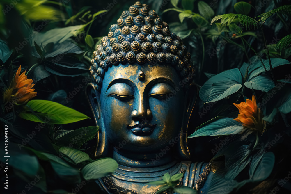 Generative AI illustration of stone Buddha sculpture with bright ...