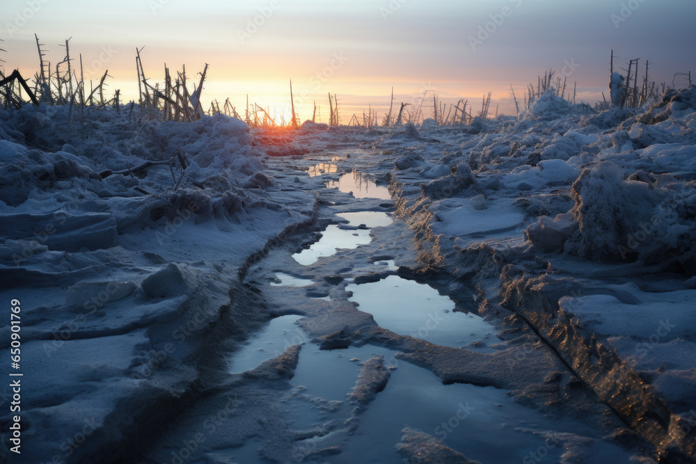 Melting permafrost in the Arctic, indicating temperature rise in polar ...