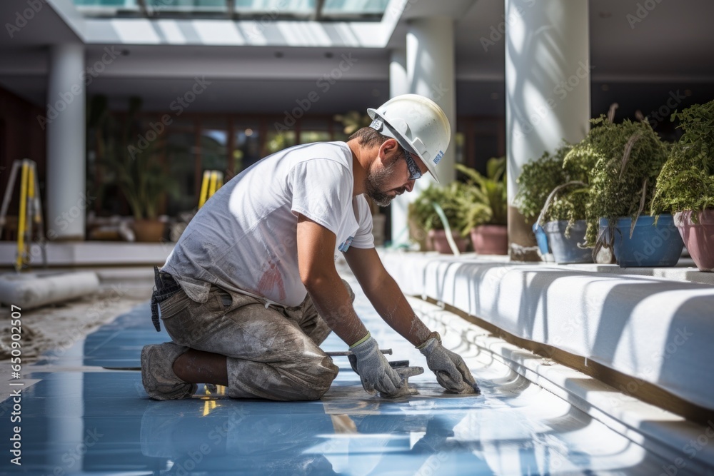 An experienced pool technician skillfully resurfacing the pool's ...