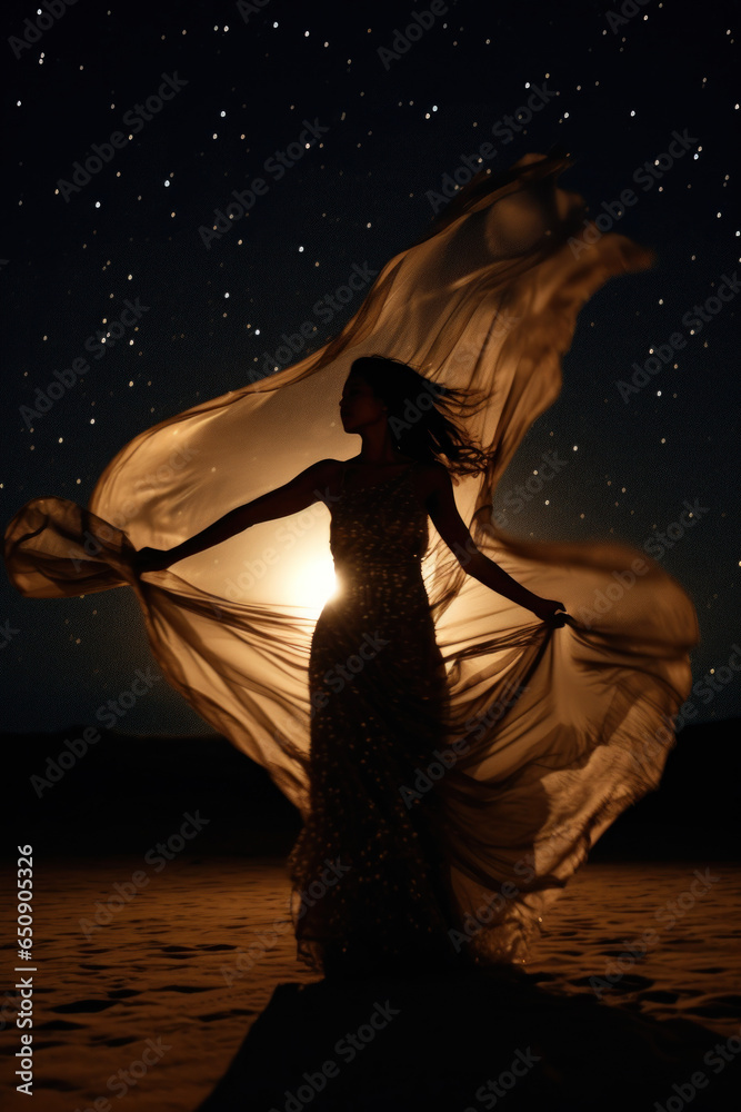 woman elegantly dancing in flowing long dress under midnight moon light ...