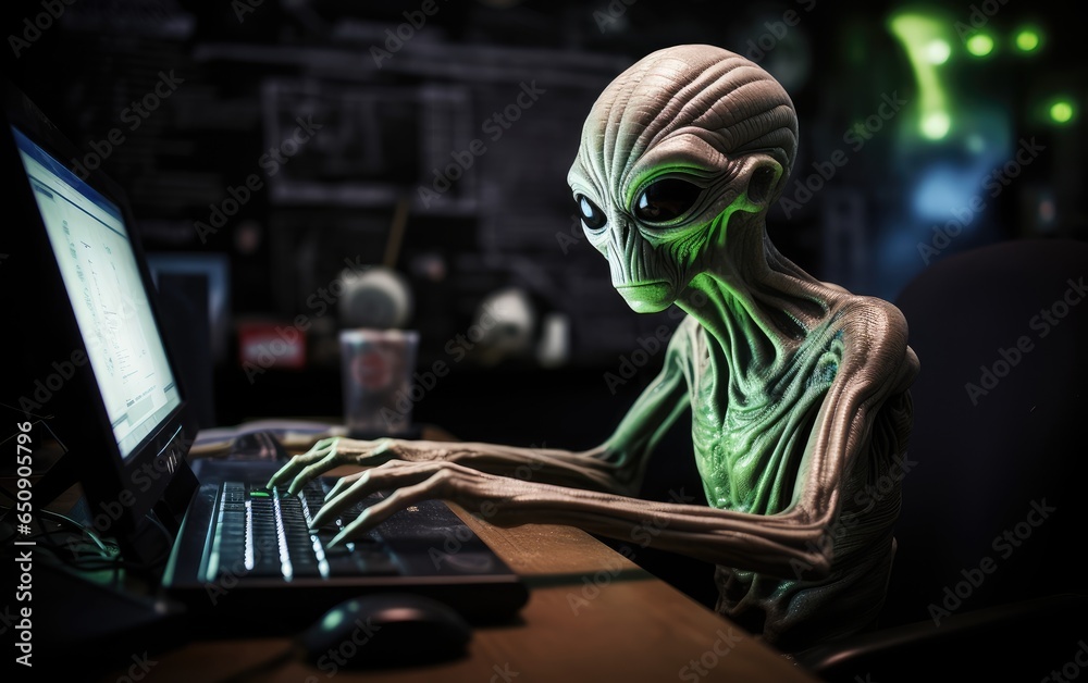 alien hacker at a laptop cracking a digital code. cyber attacks ...