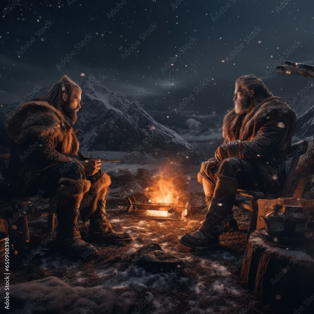 vikings sitting in front of a bonfire at night in their village in high ...