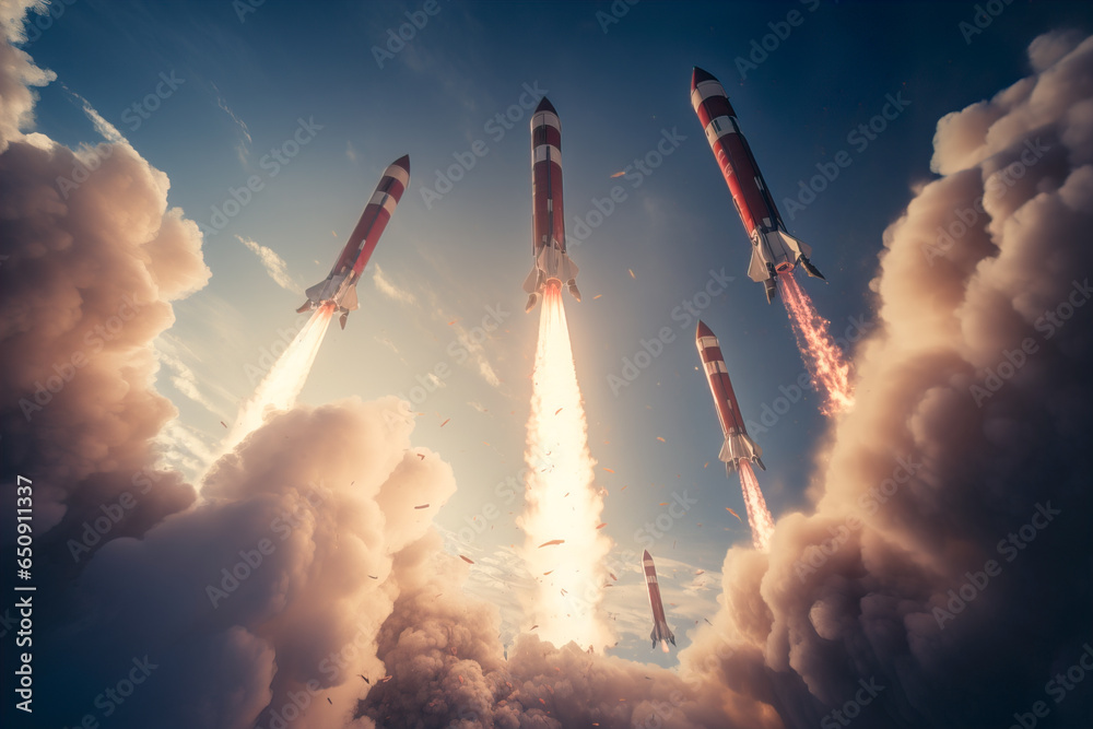 Generative AI illustration from below of rocket spaceship taking off ...