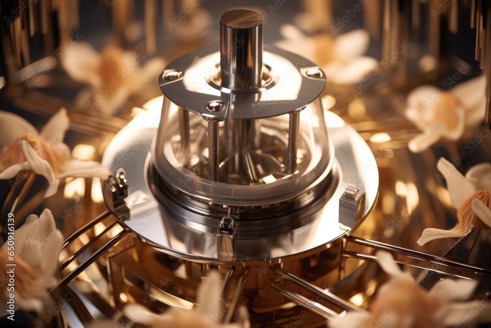 A close up of a largescale fragrance mixer, displaying intricate ...