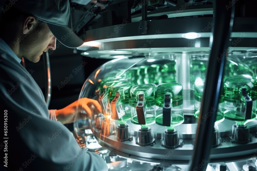 A detailed shot of a uniformed worker operating a hightech ...