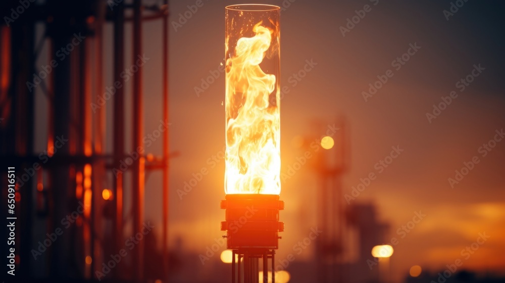 The image showcases a towering flare stack emitting a faint flame ...