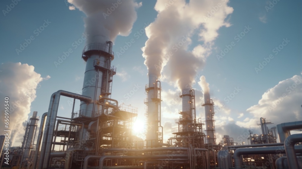 An aerial closeup captures several steam distillation columns rising ...