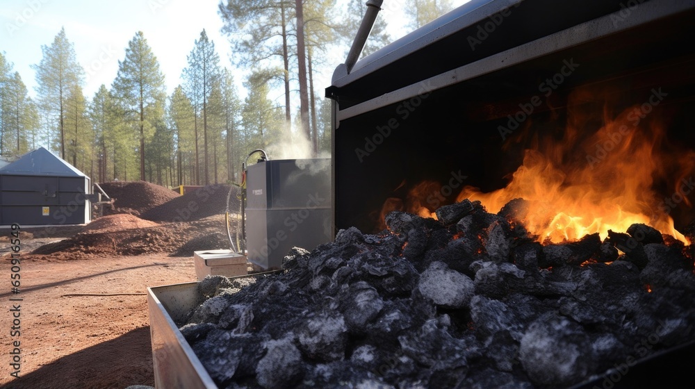 Closeup view of a biochar kiln, where biomass materials are thermally ...