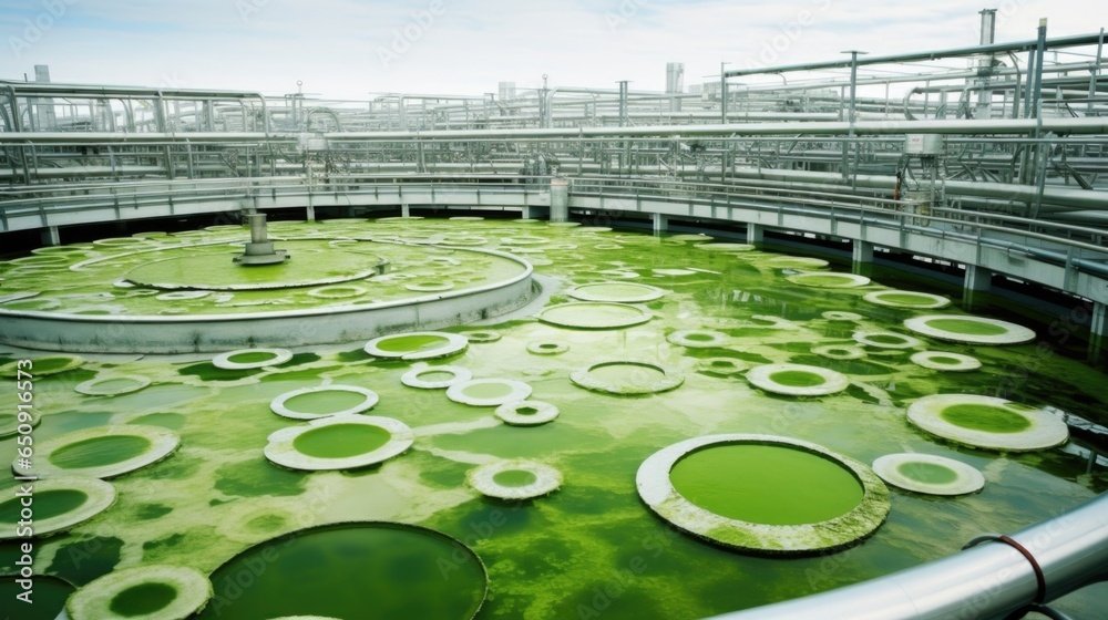 Detailed view of a largescale algae cultivation pond, characterized by ...