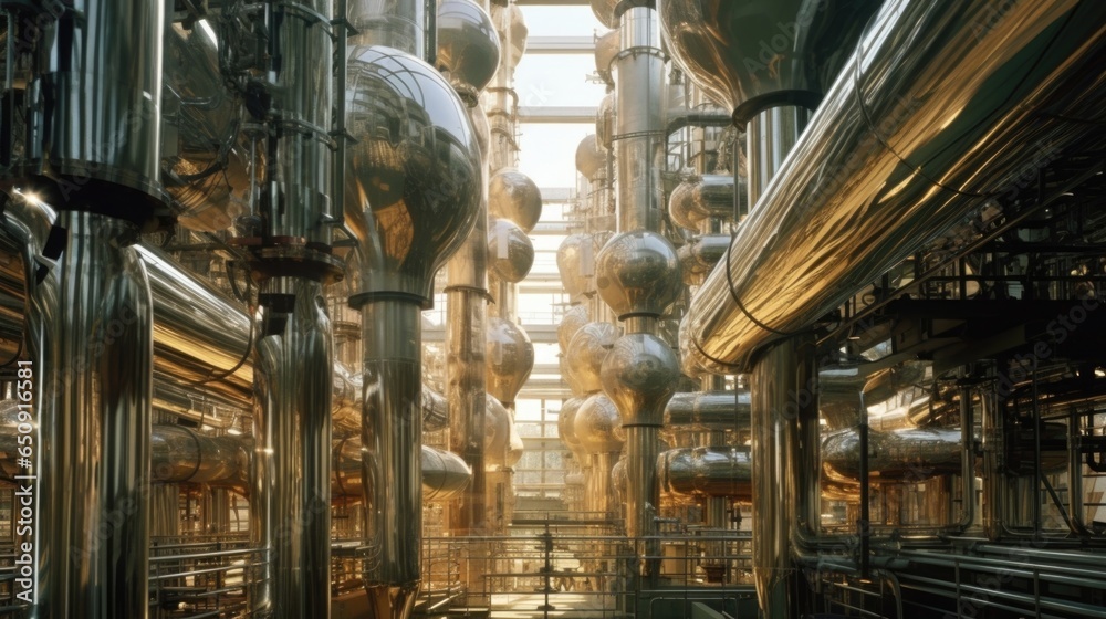 In a separate section of the plant, a series of towering distillation ...