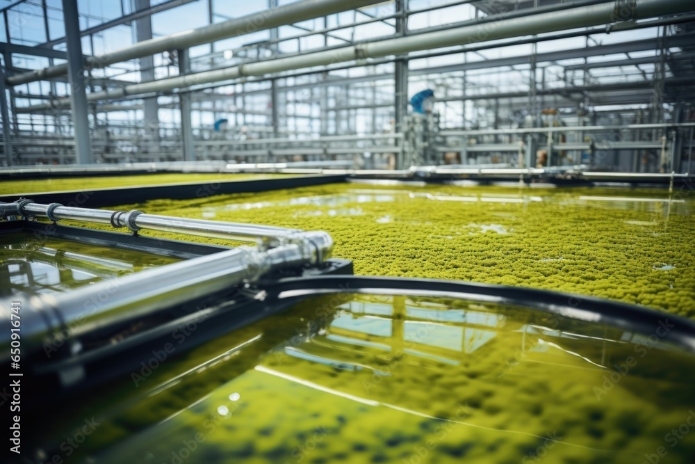 An enormous tank filled with algae cultivation beds, meticulously ...