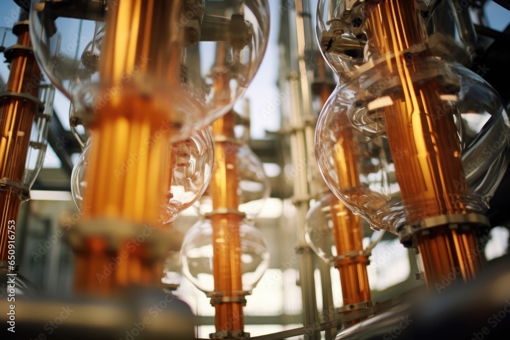 An overhead view of a series of tall distillation towers ...