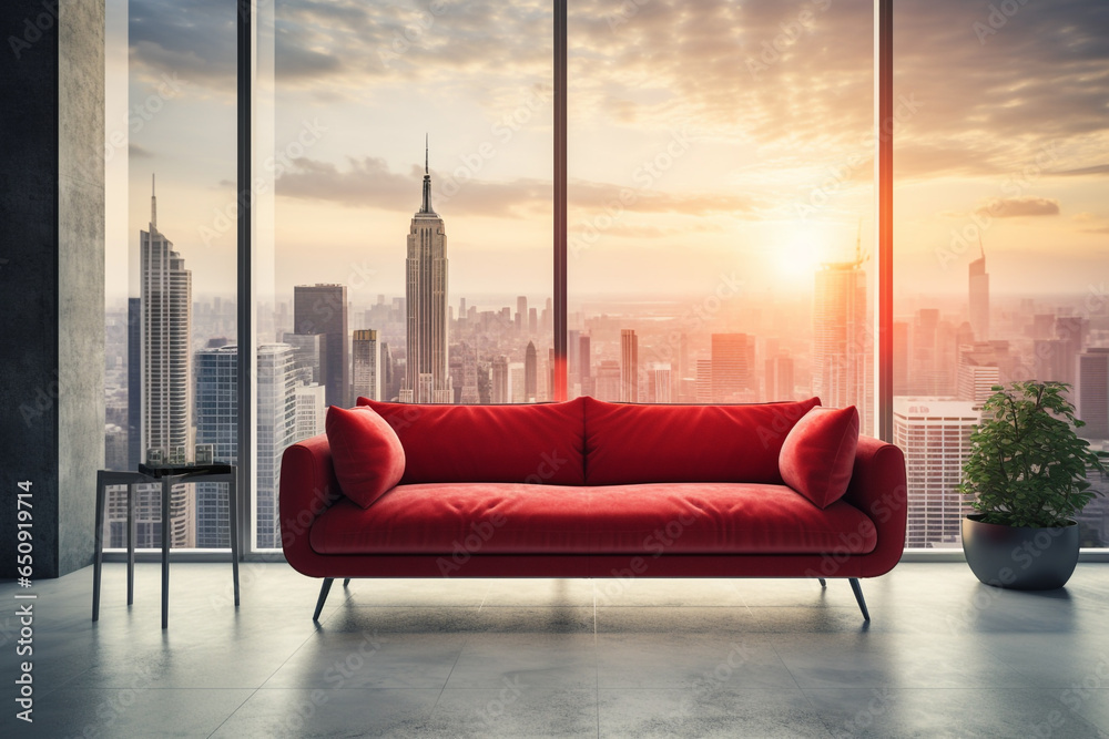 Red modern sofa furniture with big city background outside windows ...