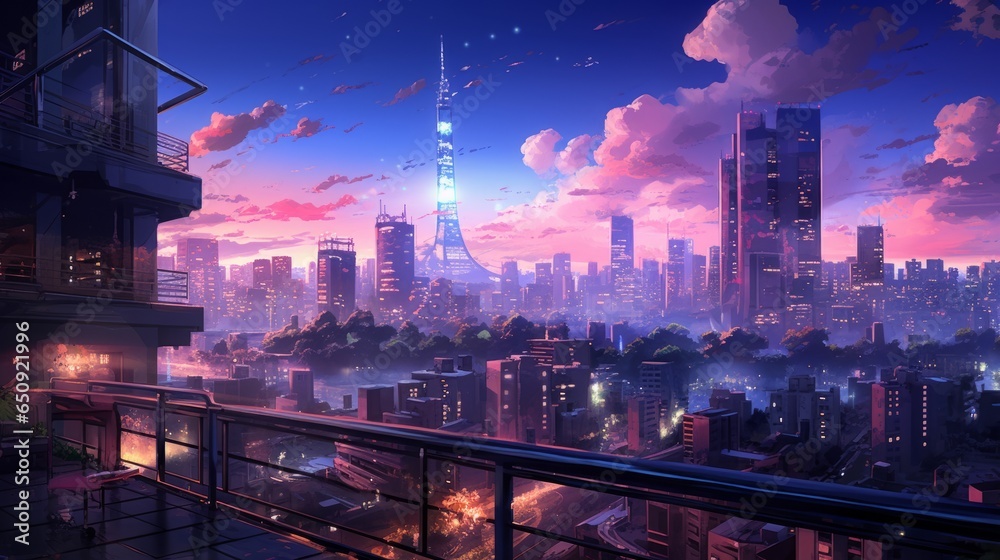 illustration of a night cityscape in anime neo crisp cyberpunk style ...