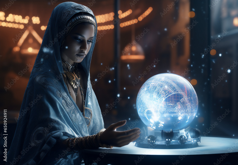 Foto de Mystical witch fortune teller reading the future of artificial ...