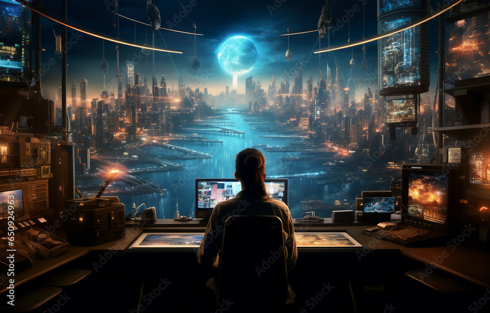 Foto de person facing a computer and a large screen of a creative ...