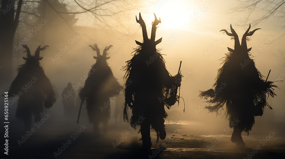 Silhouettes of several demons from the Bulgarian folk tradition 'kukeri ...