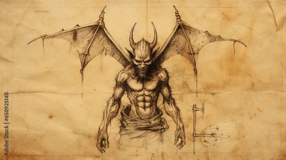 Graphite pencil drawing sketch of an evil demon with wings and horns ...
